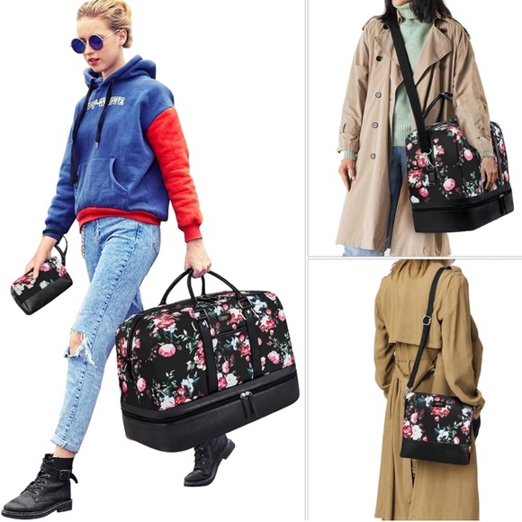 Bags | New 3pc Floral Weekender With Shore Compartment Crossbody Bag ...